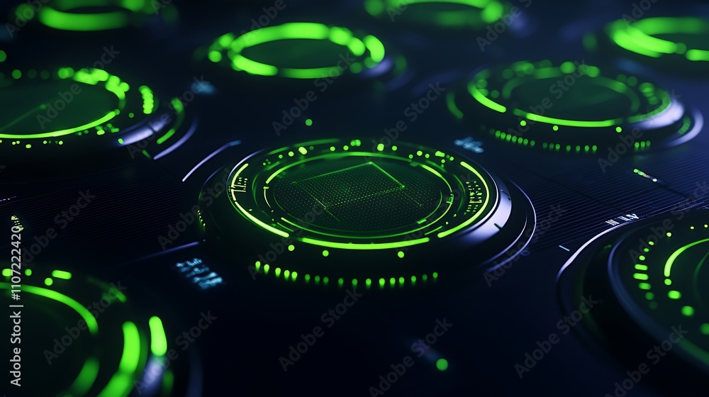 Futuristic Green Control Panel with Illuminated Circuits and Dials for ...