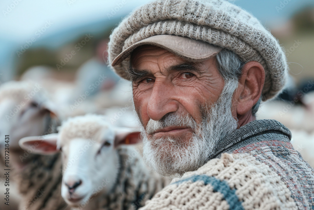 Shepherd with his staff guiding his flock of sheep across the tranquil ...