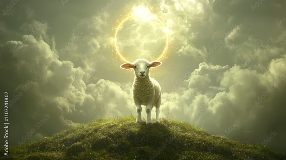 Lamb of God with Radiant Light: A white lamb on a green hill ...