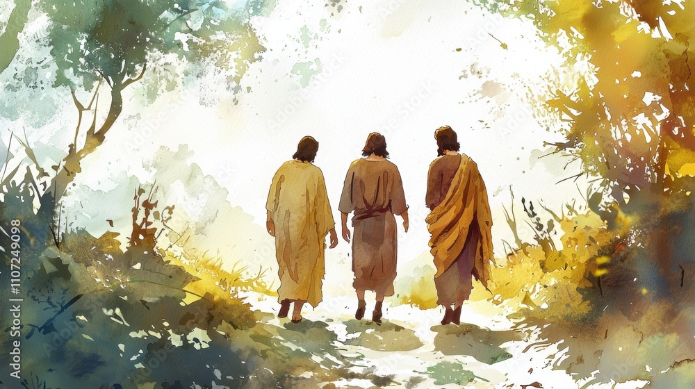 watercolor illustration of Jesus walking with two disciples on the road ...