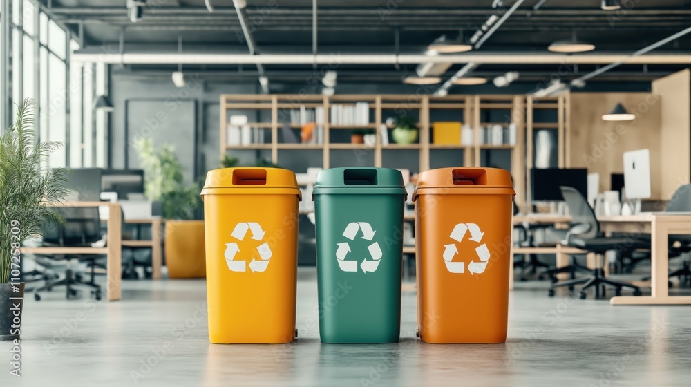 Colorful recycling bins in a modern office environment with a green bin ...