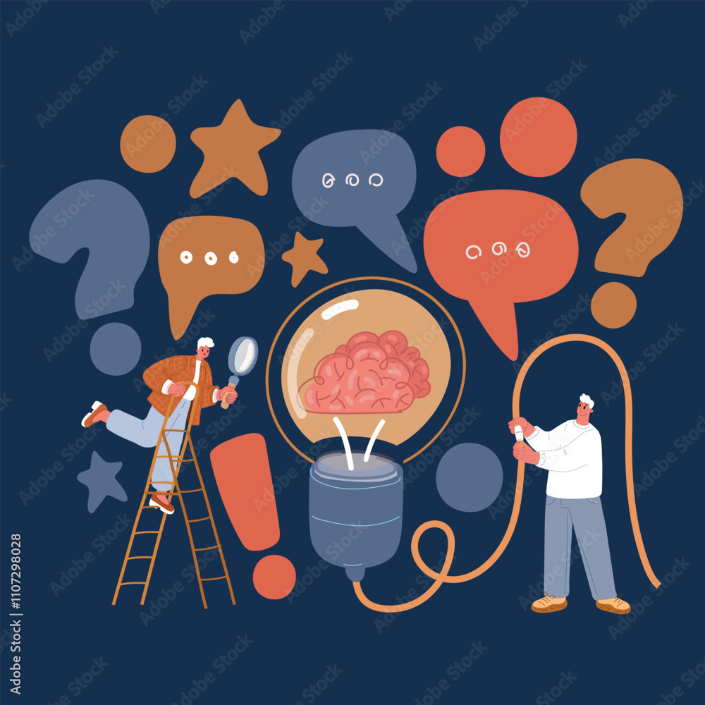 Cartoon vector illustration of two people connecting a light bulb with ...
