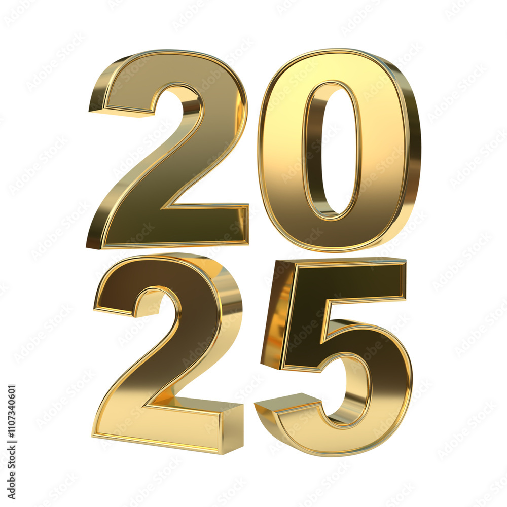 2025 in bold 3D gold numbers on a transparent background, a festive ...