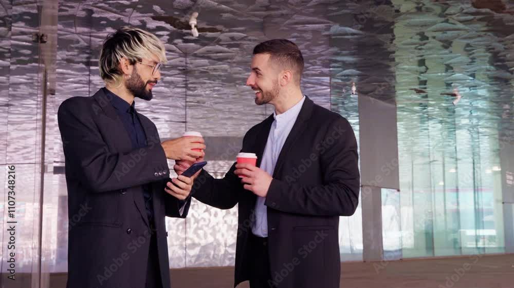 Two men in stylish coats smile and clink their coffee cups together in ...