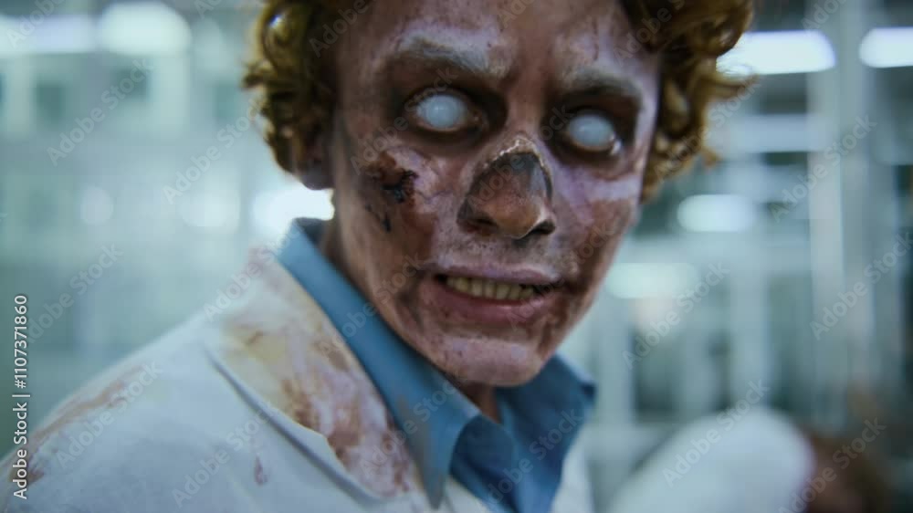 Closeup portrait of face of aggressive Caucasian male zombie, dressed ...