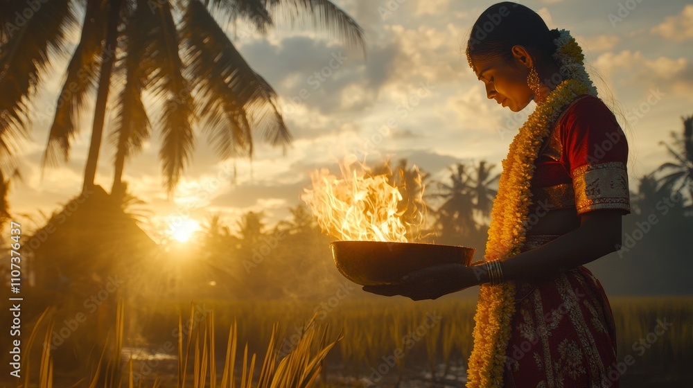sacred daily ritual, humble offering moment, traditional dress ...