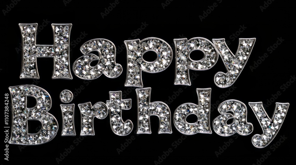 Silver bedazzled 3d letters "Happy birthday" on black alpha key ...