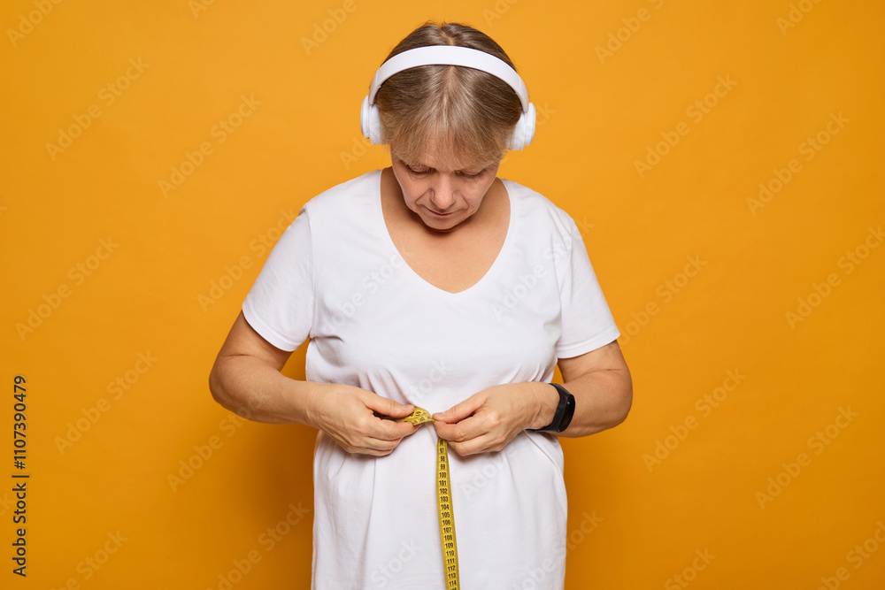 A woman checks her waist measurement with a tape measure, wearing a ...