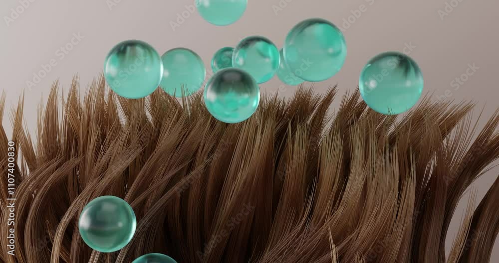 3D animation of the restoration of split ends in dark hair. The drops ...
