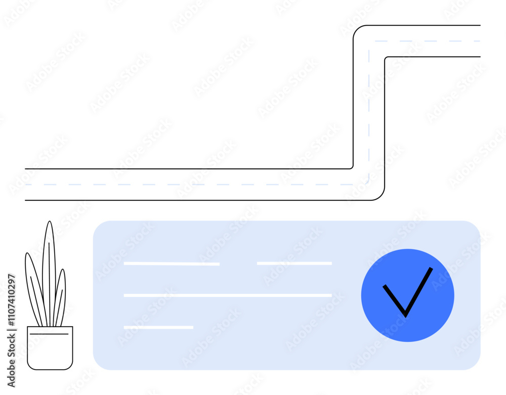 Road map winding into check mark box with check mark inside, potted ...