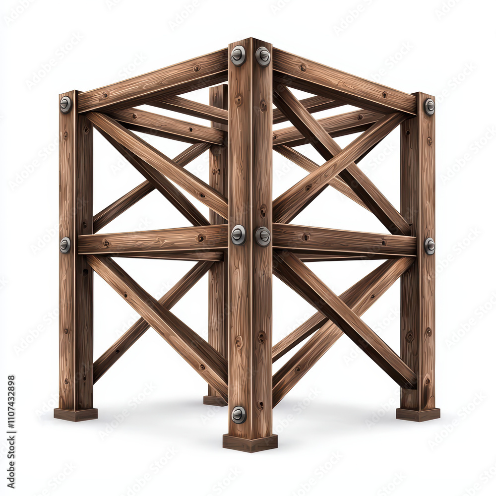 Wooden scaffolding structure with cross bracing on white background ...