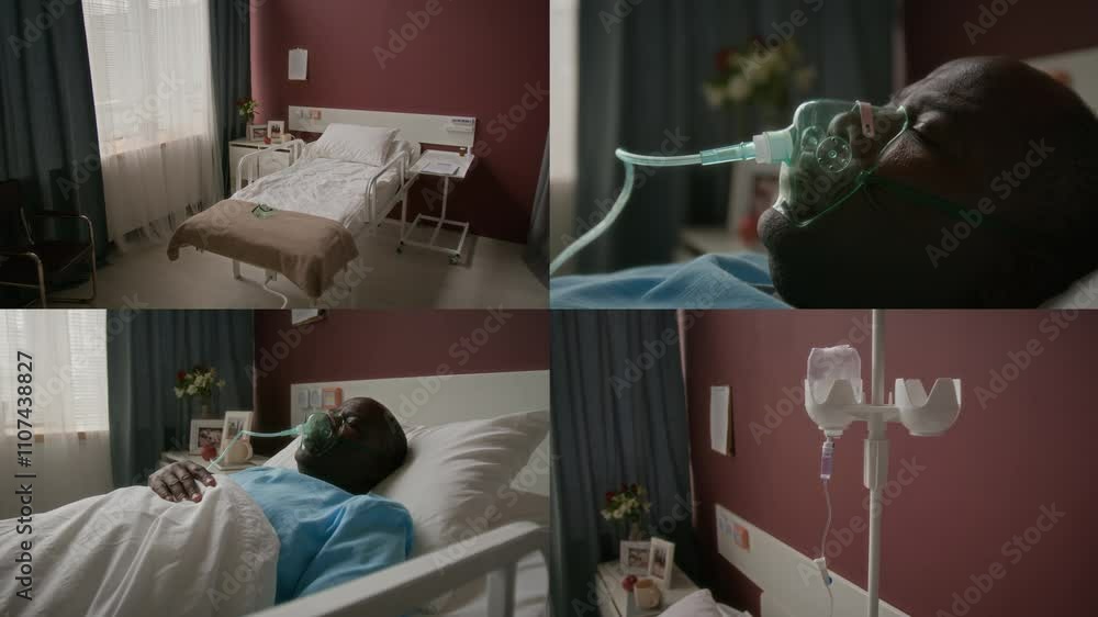 Split screen of interior of hospital ward, close-up of black male ...