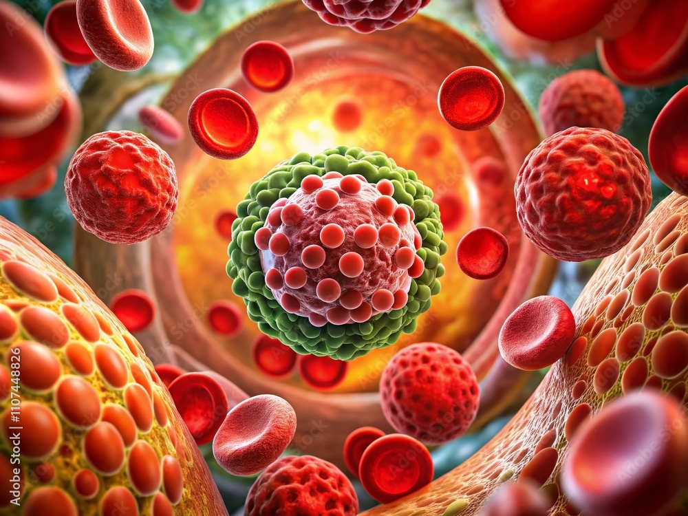 Detailed depiction of blood cancer cells within a blood vessel ...