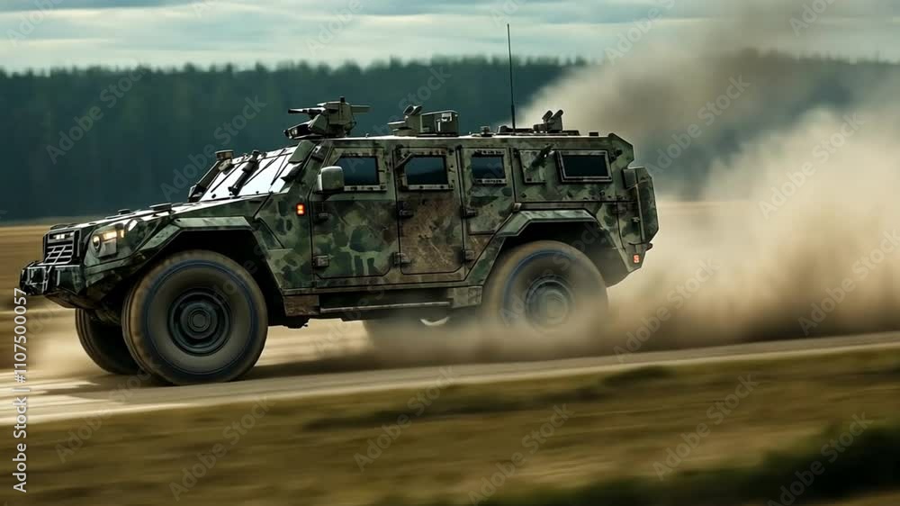 Military vehicle A military vehicle speeds across the landscape ...