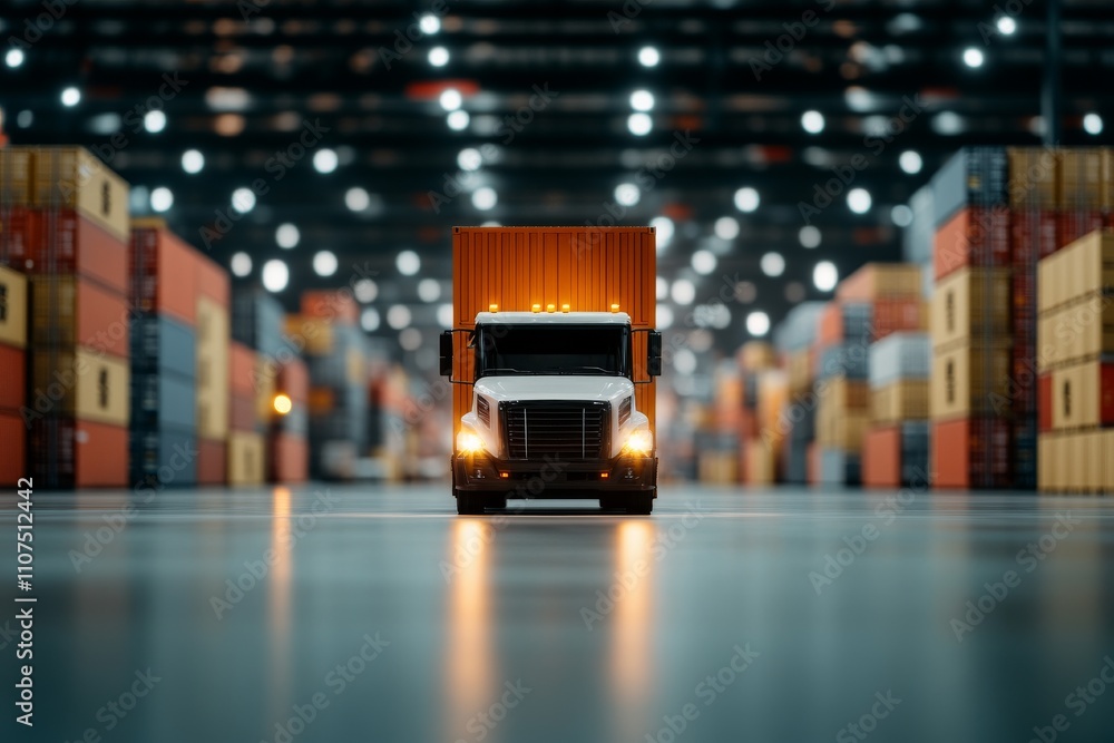 A large freight truck, loaded with containers, is parked in a bustling ...