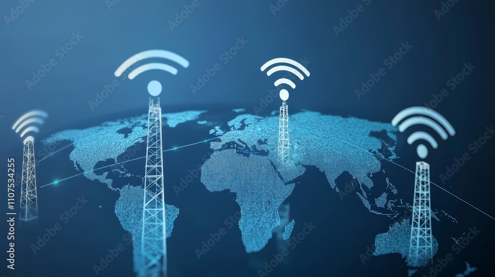 Global system network with mobile signal tower icons spreading across a ...