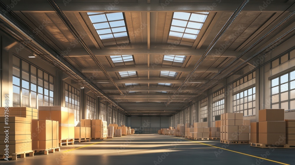 Well-lit warehouse with skylights enhancing the visibility of stock and ...