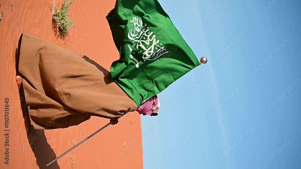 Amidst the golden desert, a Saudi man in traditional attire waves the ...
