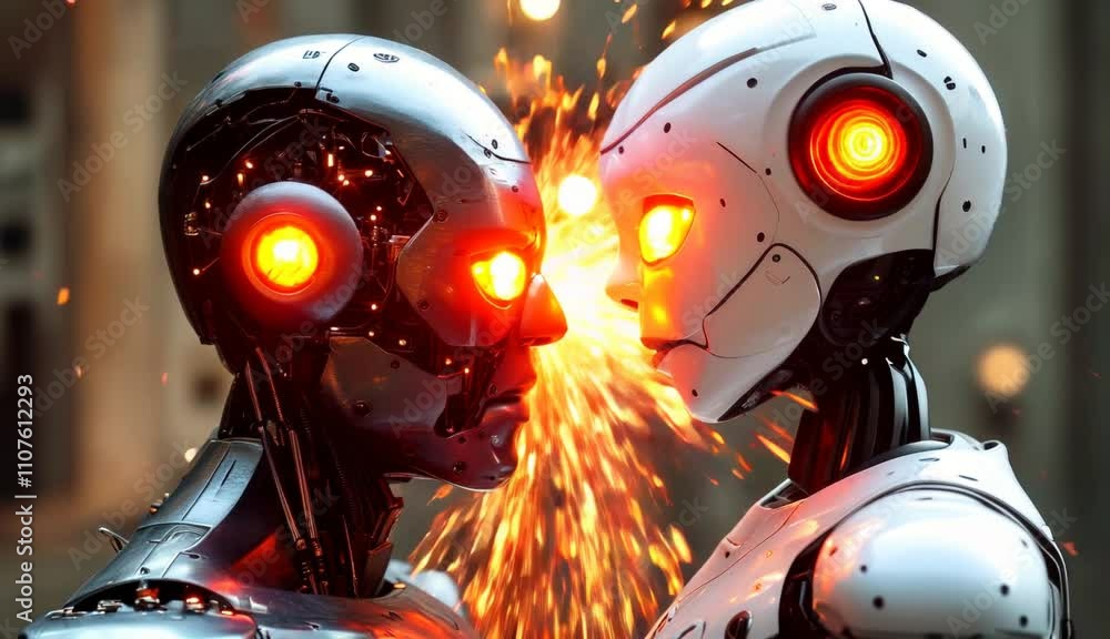 Two advanced humanoid robots face off, glowing red eyes emitting sparks. Depicting futuristic AI ...