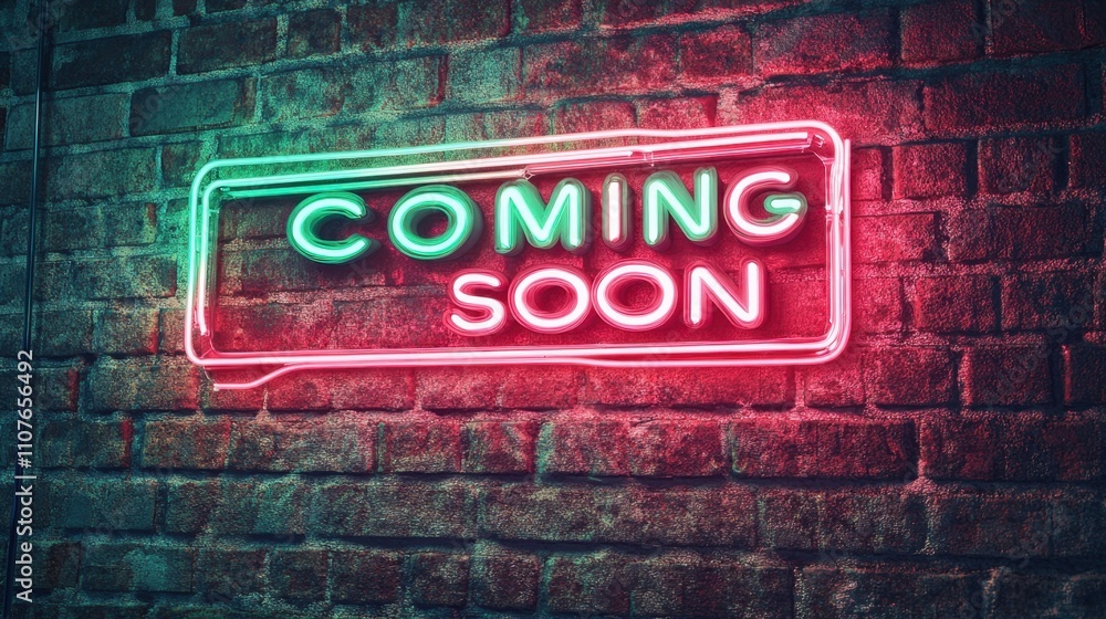 A luminous neon sign in red and green, the "COMING SOON" text popping ...