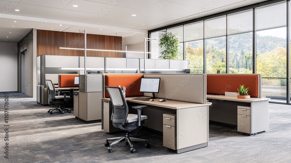Office cubicles and workstations arranged in a corporate environment to ...