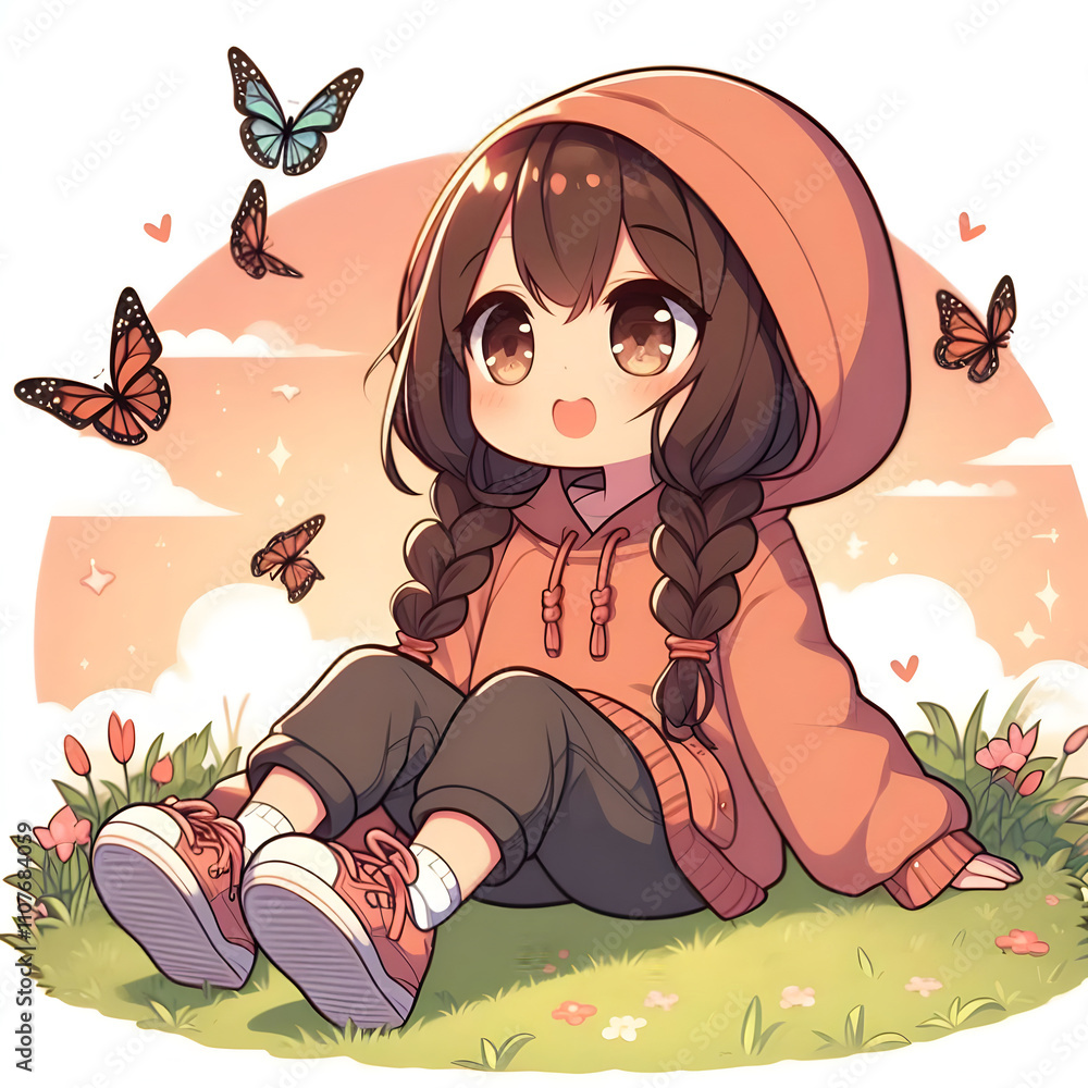 a cute anime girl with dark brown hair in twin braids, wearing a comfy ...