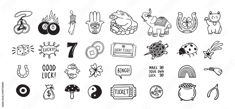 Good Luck doodle Symbols Set. Hand drawn lucky icons. Asian talismans ...