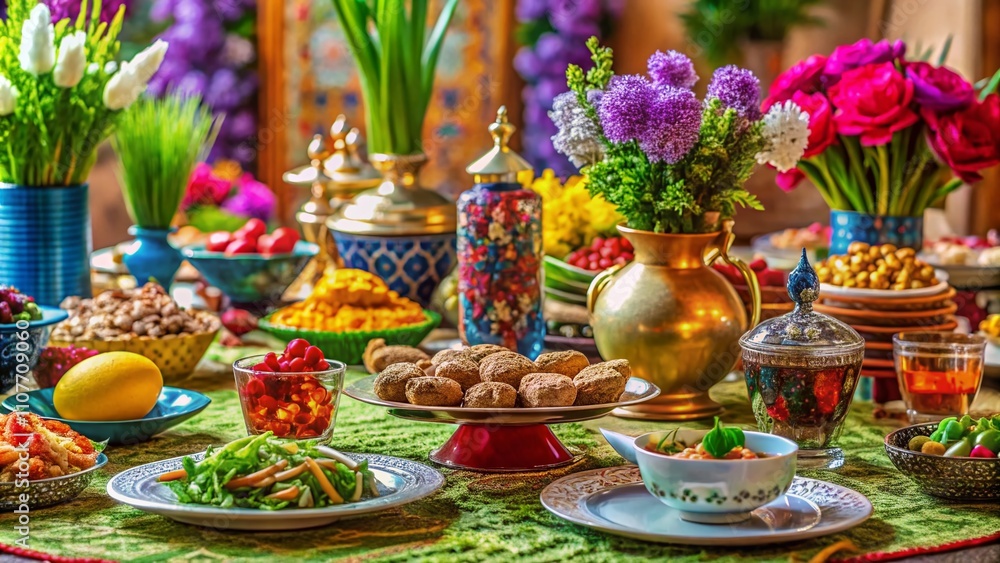 Elegant Persian New Year Table Setting with Haft-Seen Items in Focus ...