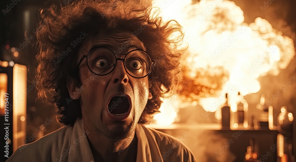 A mad scientist with wild hair and round glasses, looking surprised at ...