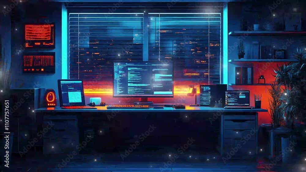 Vidéo Stock A sleek computer workstation glows with vivid colors ...