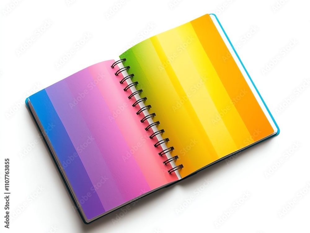 A vibrant, opened notebook displaying a spectrum of colors. The pages ...
