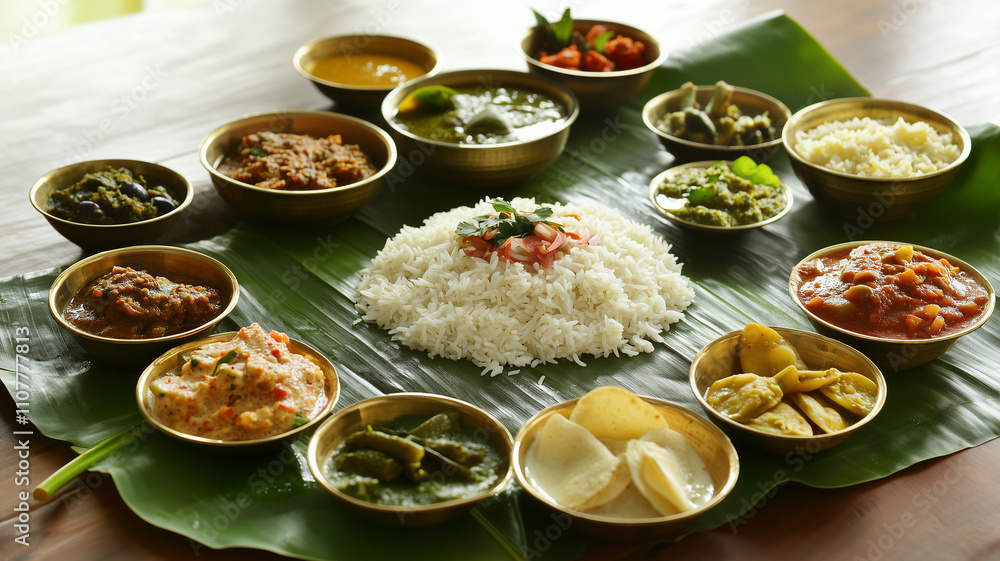 A traditional South Indian meal spread on a large banana leaf ...