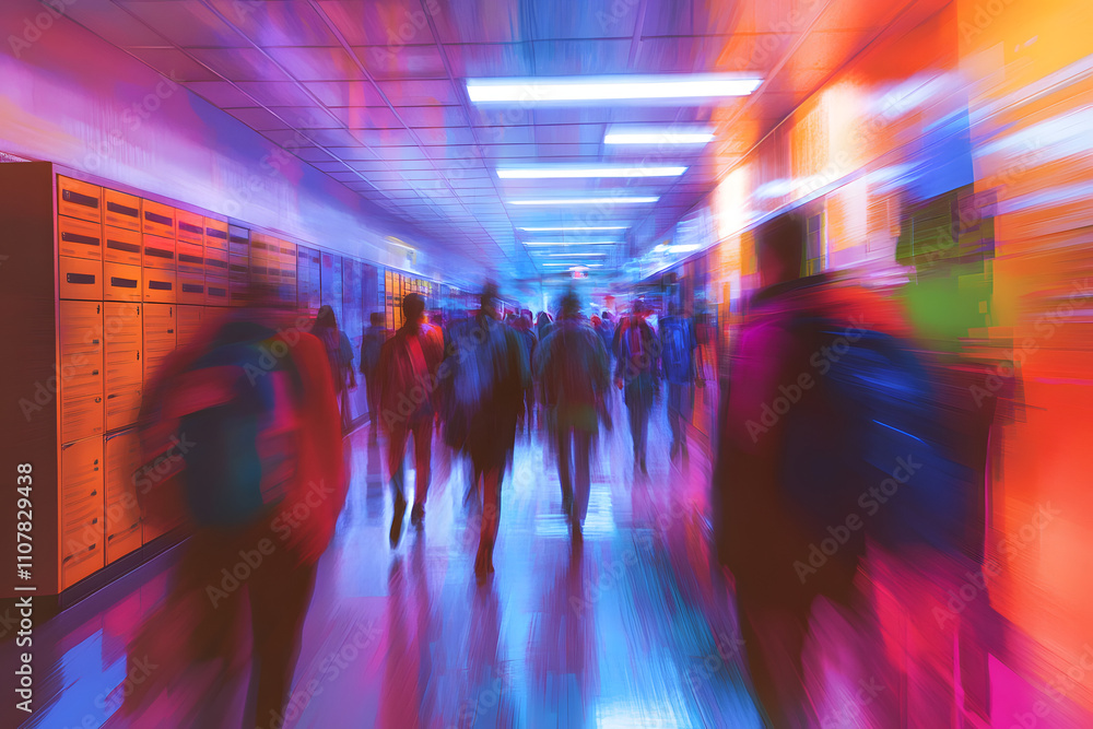 busy school corridor filled with students walking and chatting, motion ...