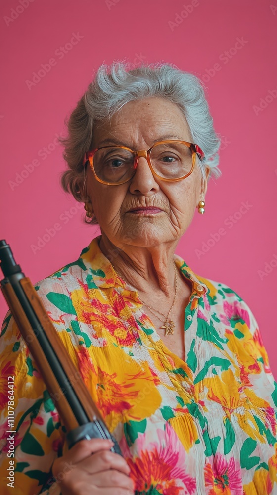 Classic grandmother stands confidently holding a bazooka, showcasing a ...