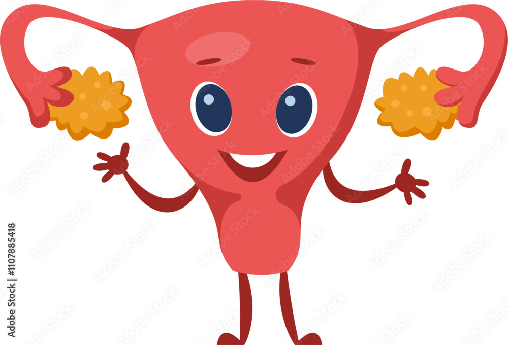 Cartoon illustration of a smiling uterus character holding ovaries ...