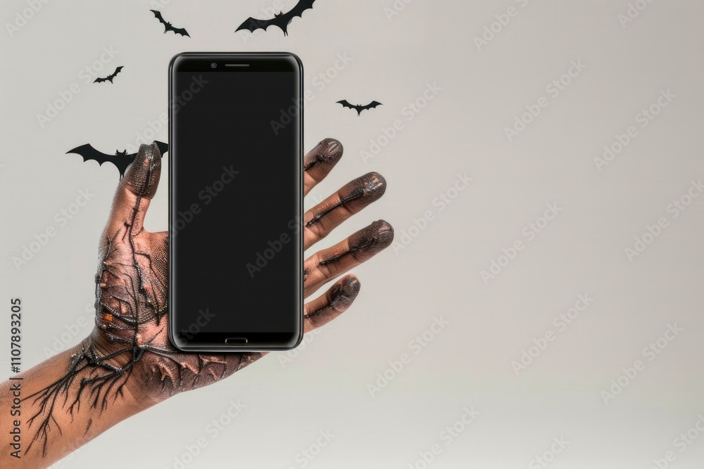 Halloween Skeleton Hand Holding Smartphone Mockup with Bats on White ...