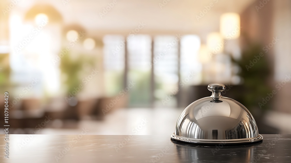 A shiny silver bellhop's bell sits on a dark counter, in front of a ...