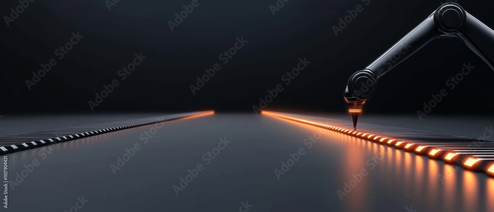 Robotic arm with a long, straight line of orange light emanating from ...