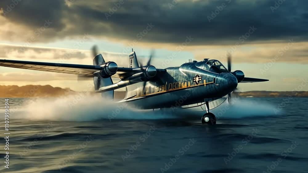Amphibious fighter plane: An amphibious fighter plane lands smoothly on ...