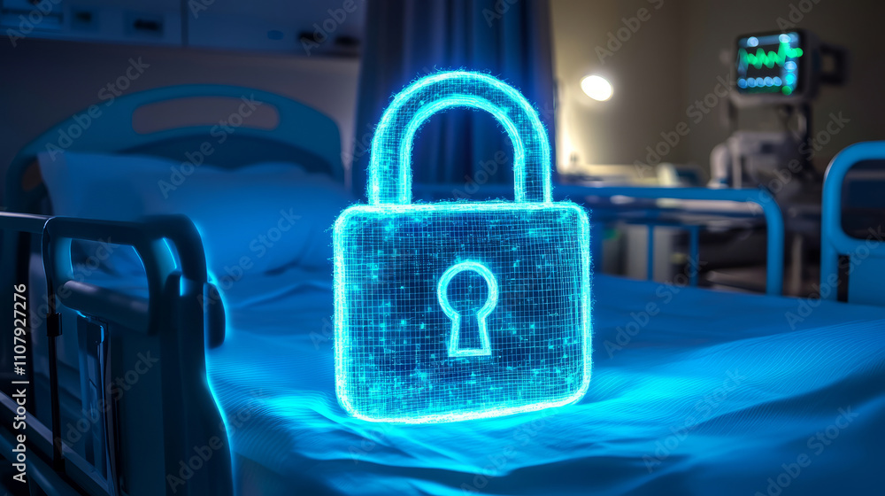 Digital padlock symbol glowing in blue light on a hospital bed ...