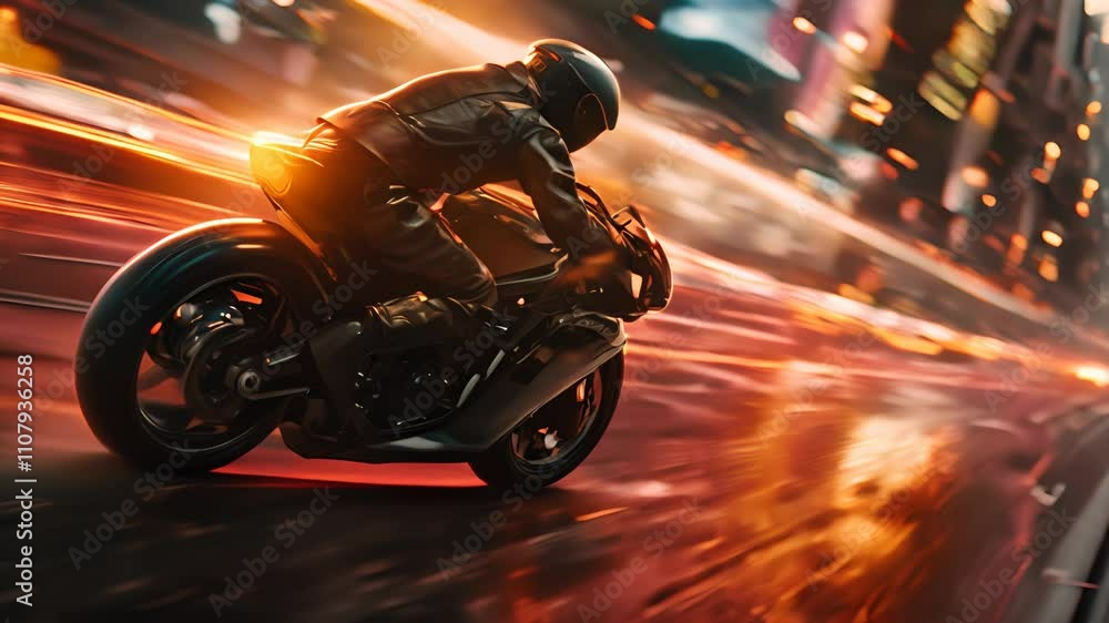 Action shot with man riding a bike in futuristic cyberpunk city ...