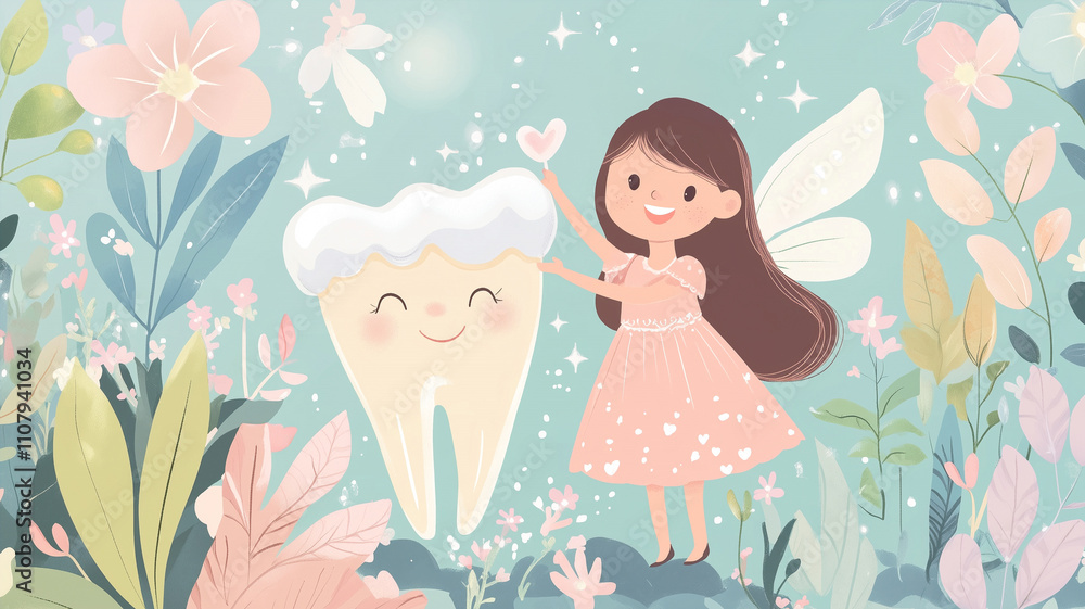 Tooth fairy with tooth on a meadow with flowers, elf the milk tooth ...