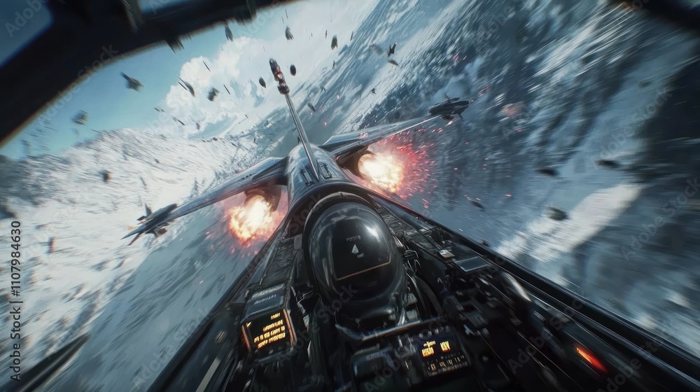 Intense aerial combat scene from inside a fighter jet cockpit, soaring ...