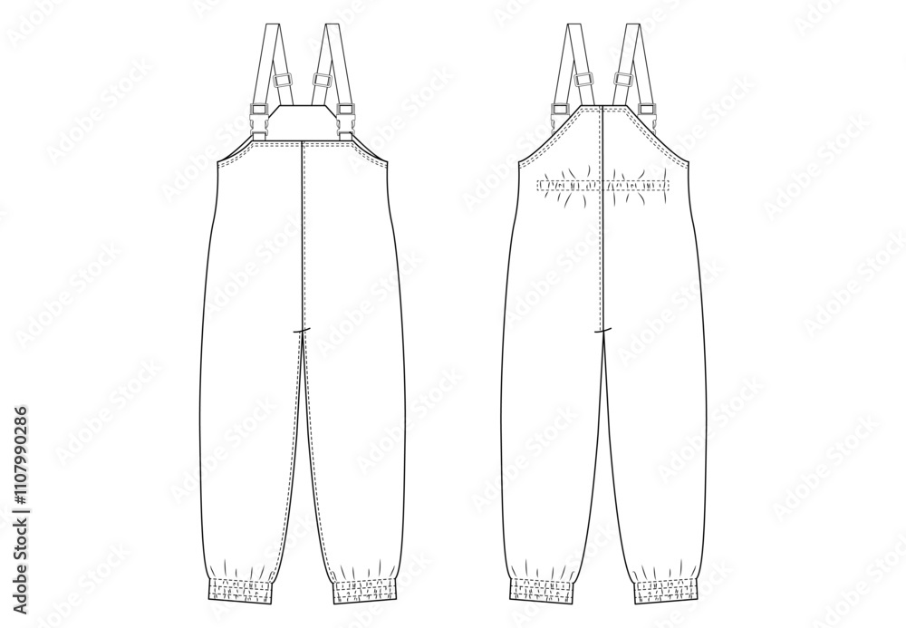 Technical drawing of child's overalls with adjustable straps and ...