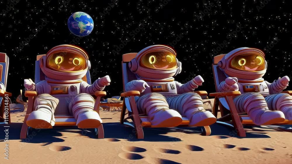 Four astronauts relax on the moon's surface, sitting in deck chairs and ...