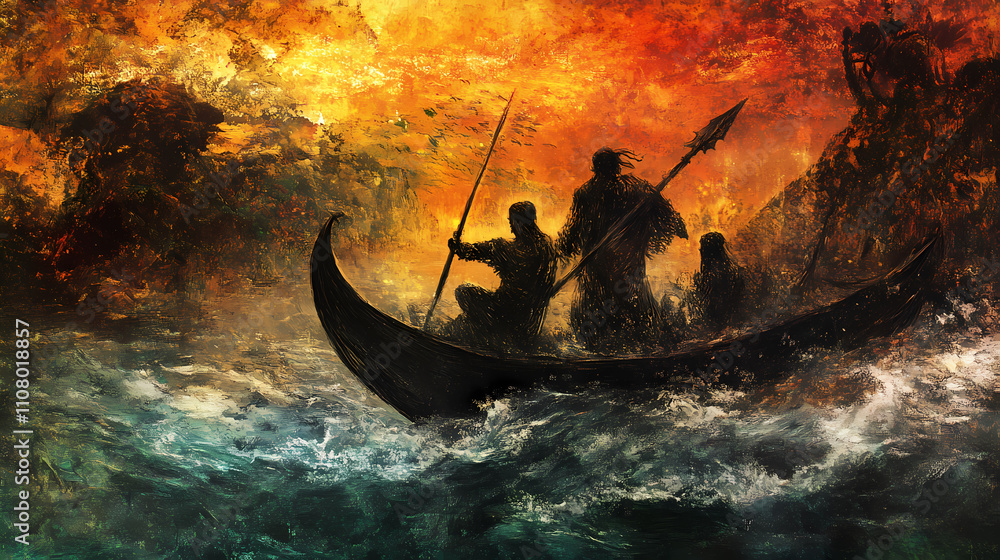 Charon crossing the river styx transporting souls across the underworld ...