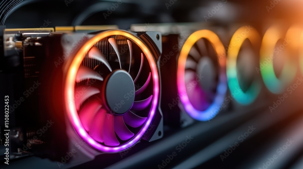 A row of computer fans with dazzling RGB lighting creates a vivid and ...