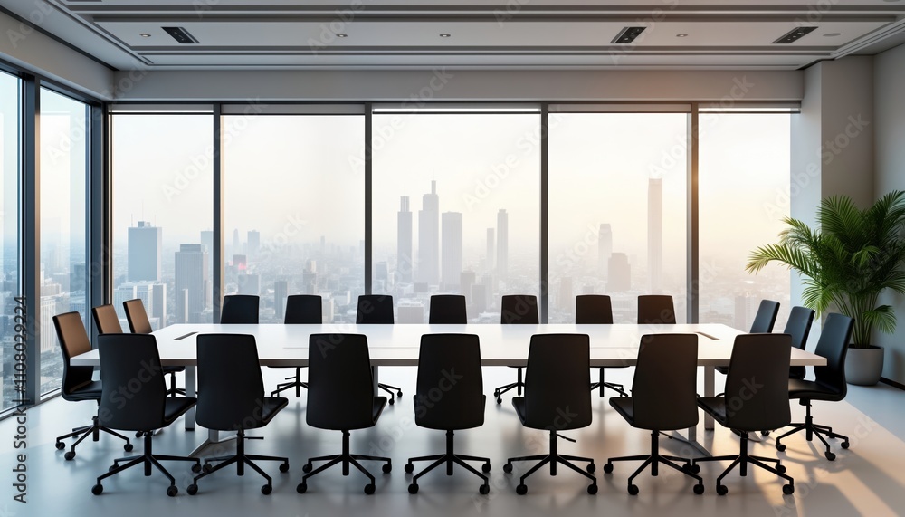 Modern conference room with long table, black chairs. Panoramic city ...