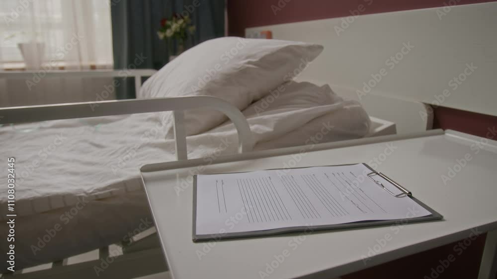 Single bed with crisp white sheets, next to rolling bedside table with ...