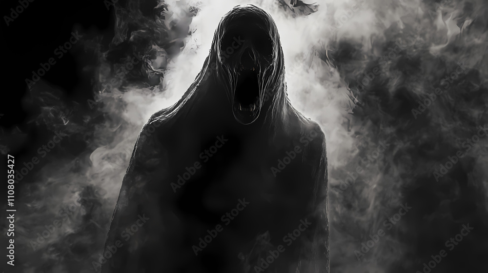A terrifying spectral figure shrouded in darkness and smoke, its face ...